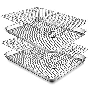 P&P CHEF 16 Inch Baking Sheets with Racks, Stainless Steel Baking Oven Pan Tray and Cooling Rack Set, Corrugated Bottom & Grid Rack, Healthy & Durable, Dishwasher Safe, 4 Pieces (2 Pans + 2 Racks)
