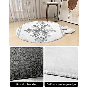 Grey Snowflake Fluffy Round Area Rug Carpets 5ft, Plush Shaggy Carpet Soft Circular Rugs, Non-Slip Fuzzy Accent Floor Mat for Living Room Bedroom Nursery Home Decor Winter Christmas Stripes Holiday