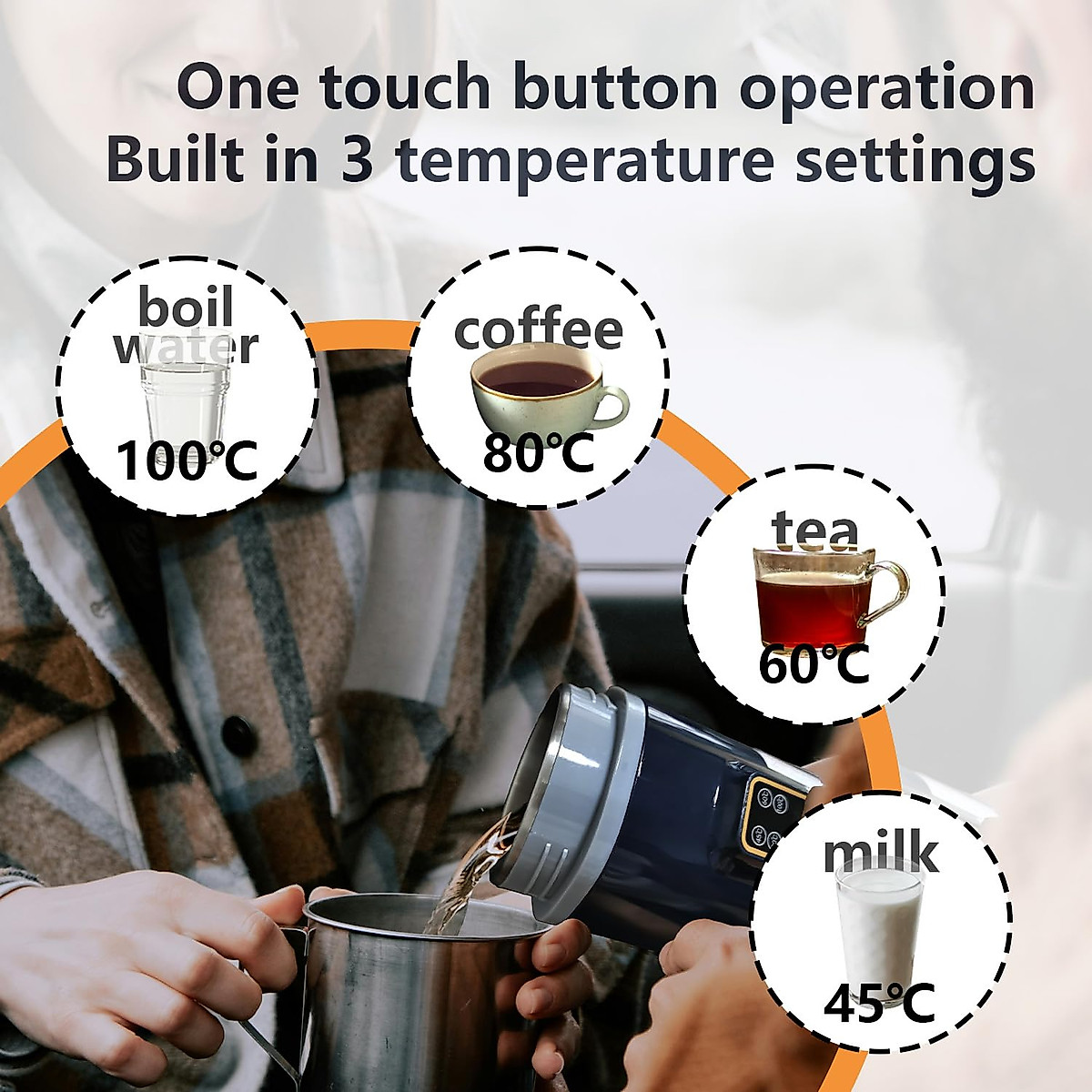 Car Electric Travel Kettle,12V 24V 80W 350ML,LED Touch Control,45°C 60°C 80°C 100°C,304 Stainless Food Grade Steel Liner Car Portable Bottle