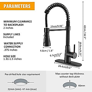 BESy Kitchen Faucet with Pull Down Sprayer, High-Arc Single Handle Single Lever Spring Rv Kitchen Sink Faucet with Pull Out Sprayer, 3 Function Laundry Faucet with Cover Plate, Matte Black