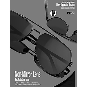 LUENX Men Women Aviator Sunglasses Polarized Shades Flexible Spring Hinge - Black Dark Lens Black Metal Frame 60MM