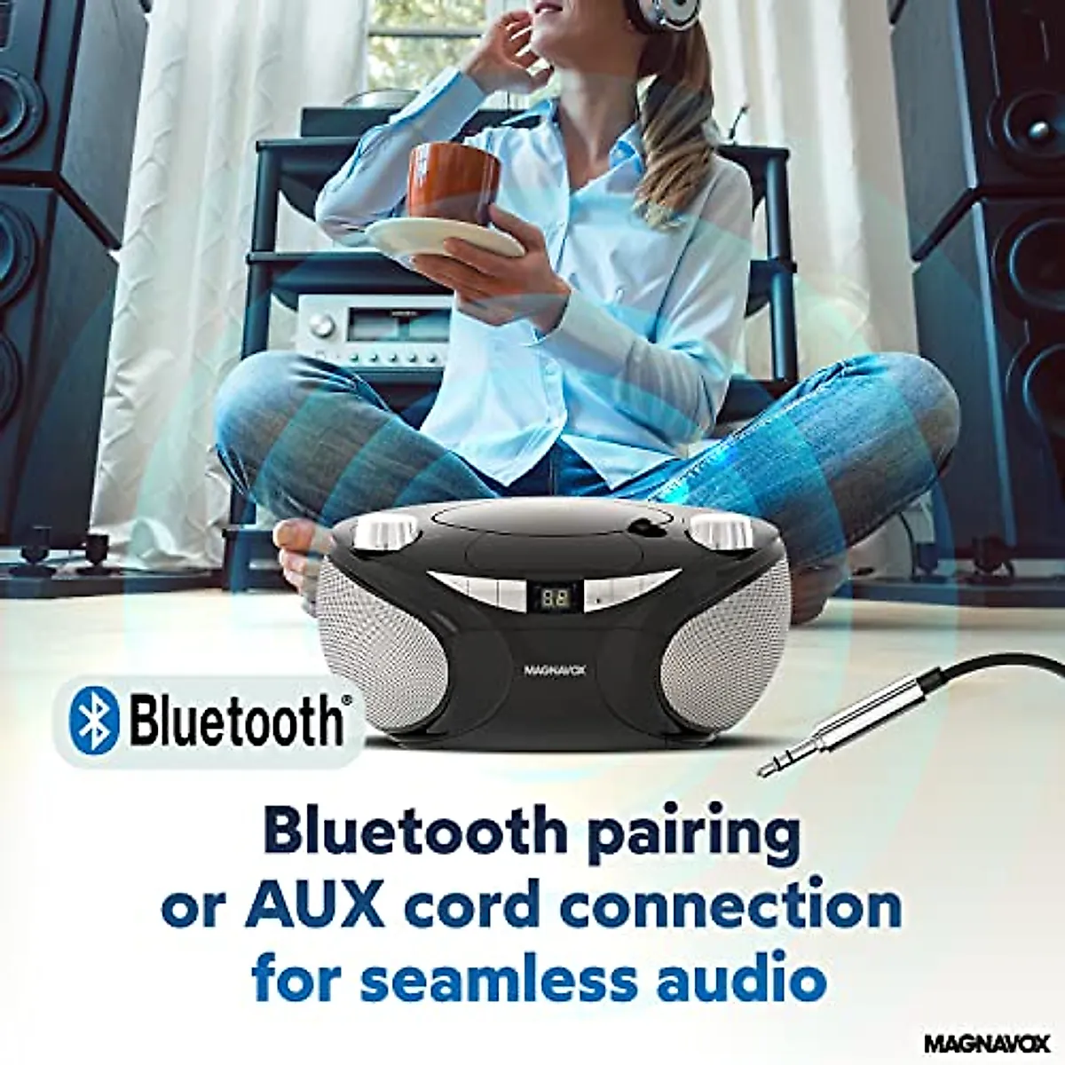 Magnavox MD6949-BK Portable Top Loading CD Boombox with AM/FM Stereo Radio and Bluetooth Wireless Technology in Black | CD-R/CD-RW Compatible | LED Display |