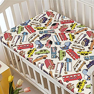 Cars Themed Fitted Crib Sheet,Standard Crib Mattress Fitted Sheet Toddler Bed Mattress Sheets-Crib Mattress Sheet or Toddler Bed Sheet, 28“ x52“,Multicolor