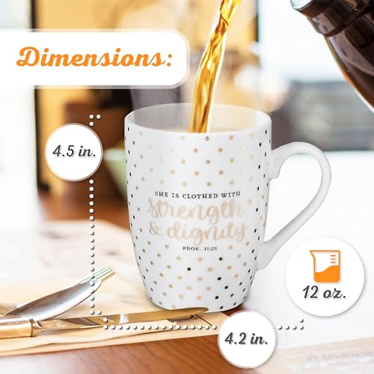 Christian Art Gifts Ceramic Coffee and Tea Mug 12 oz Inspirational Bible Verse Mug for Men and Women: Strength & Dignity - Proverbs 31:25 Lead and Cadmium-free White Mug with Gold Polka Dots