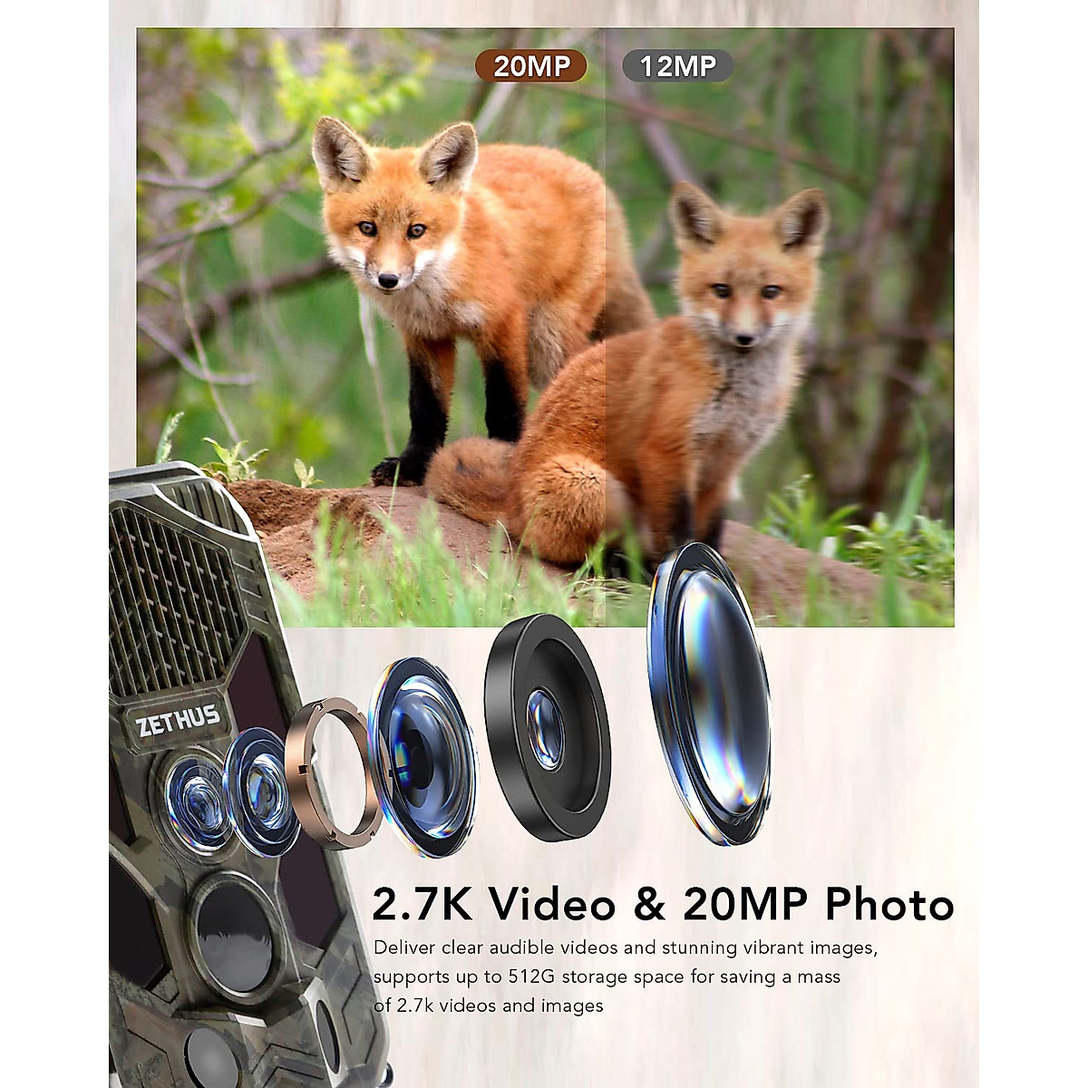 ZETHUS 2.7K 20MP Trail Camera, Game Camera with Night Vision 0.2s Trigger Time 120° 100ft Motion Activated, IP66 Waterproof Hunting Camera 2.8”LCD Screen and Rechargeable Power for Wildlife Monitoring