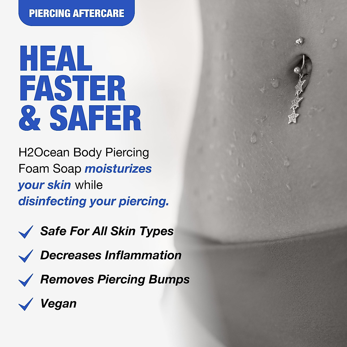 H2Ocean Body Piercing Foam Soap Sea Salt Piercing Aftercare, Gentle Cleansing Moisturizing Soap With Aloe Vera, Alcohol Free, Unscented, Organic, Vegan 1.7oz