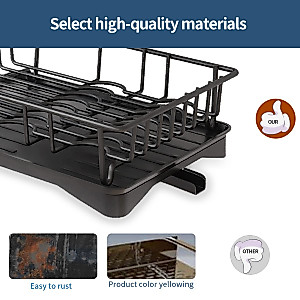 PINNIYOU Dish Drying Rack with Drainboard Set, 2 Tier Large Dish Racks with Drainage, Wine Glass Holder, Utensil Holder, Dish Drainers for Kitchen Counter (Black)