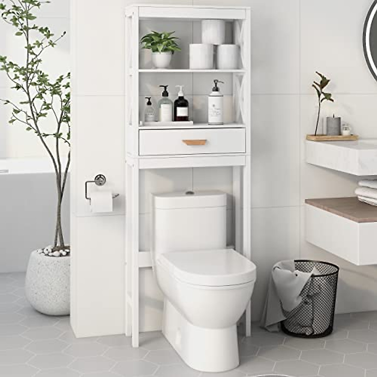 OQSC Bathroom Shelf Over The Toilet X- Frame Bathroom Organizer with 1 Drawer and Open Shelves Bathroom Space Saver(White)