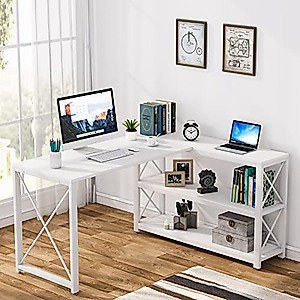 Tribesigns Reversible Industrial L-Shaped Desk with Storage Shelves, Corner Computer Desk PC Laptop Study Table Workstation for Home Office Small Space (White, 53")