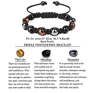 Vinswet Triple Protection Bracelet,Genuine Tigers Eye Black Obsidian and Hematite Beads Bracelet for Men Women,Handmade Crystal Healing Bracelets Bring Luck and Prosperity and Happiness