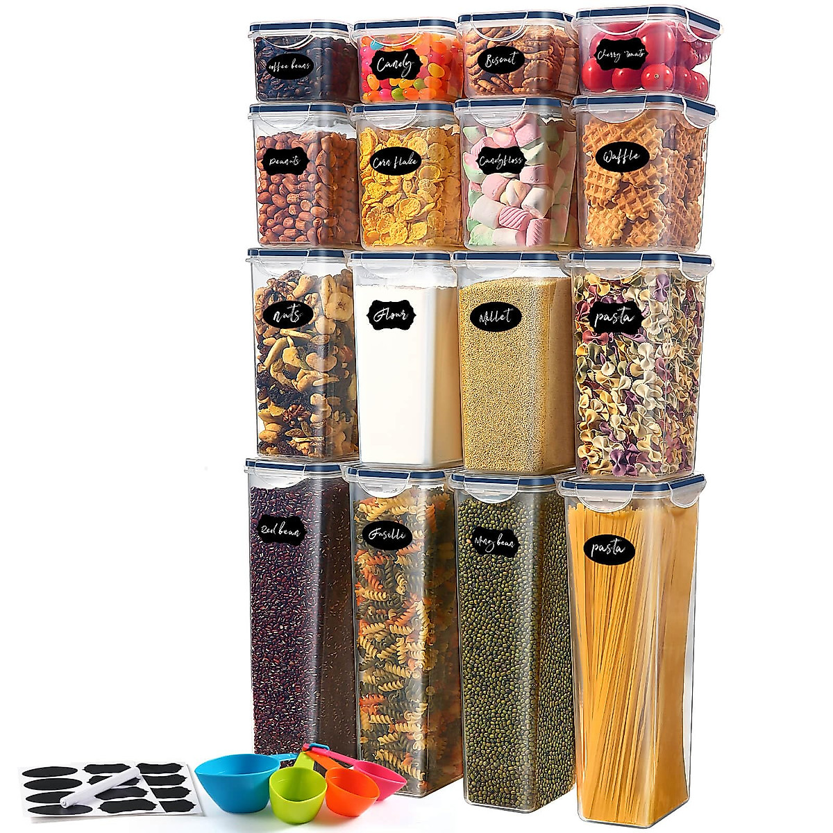 YASHE Airtight Pantry Storage Containers Set of 16, BPA Free Plastic Food Storage for Cereal, Pasta and Snacks, Stackable Kitchen Organizer with Labels, Marker & Measuring Cups