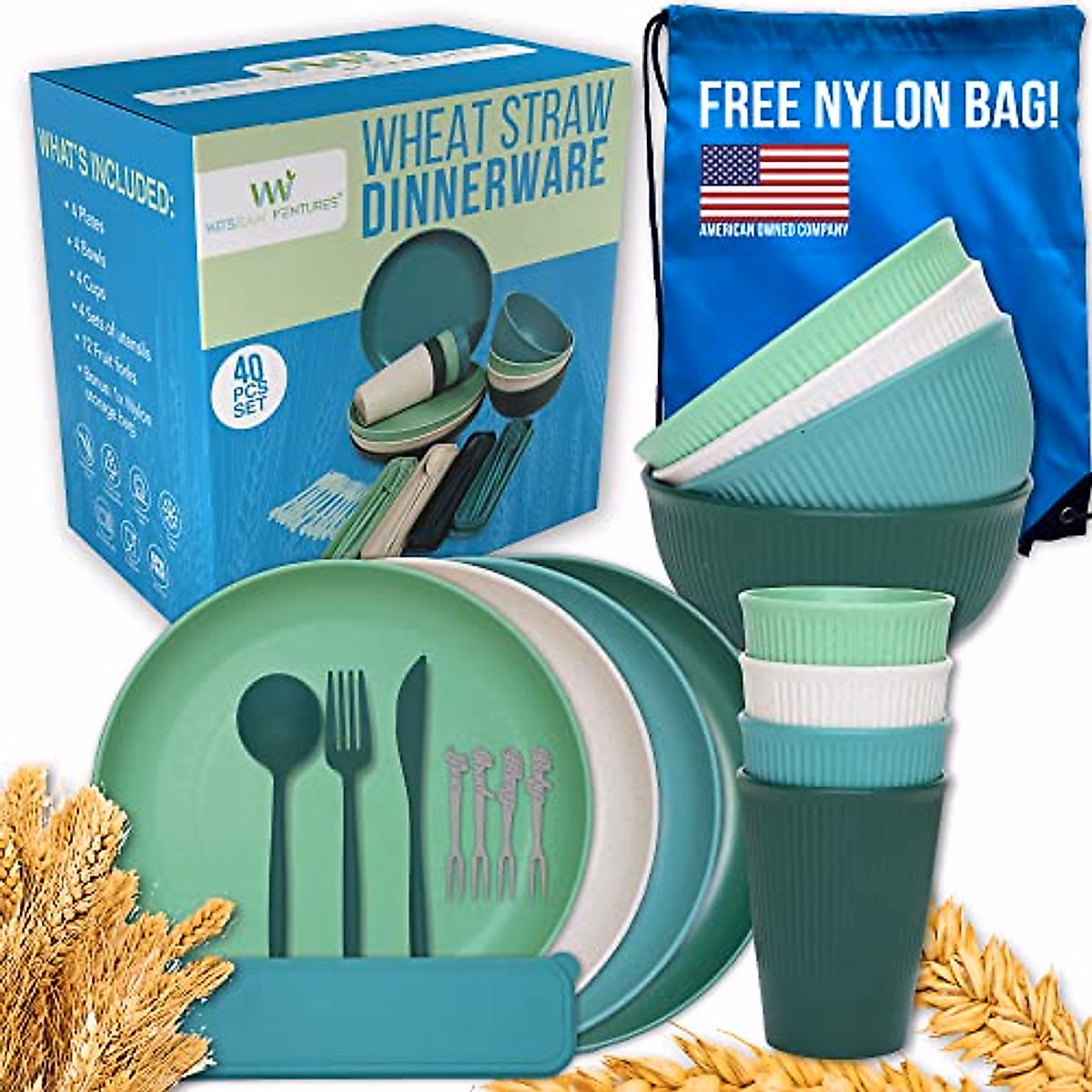 Wheat straw Dinnerware Set 40 Piece - Lightweight, Eco-Friendly, plastic dinnerware set, Microwave Dishwasher Safe Unbreakable Plates, Bowls, Cups, Camping, Kitchen, RV