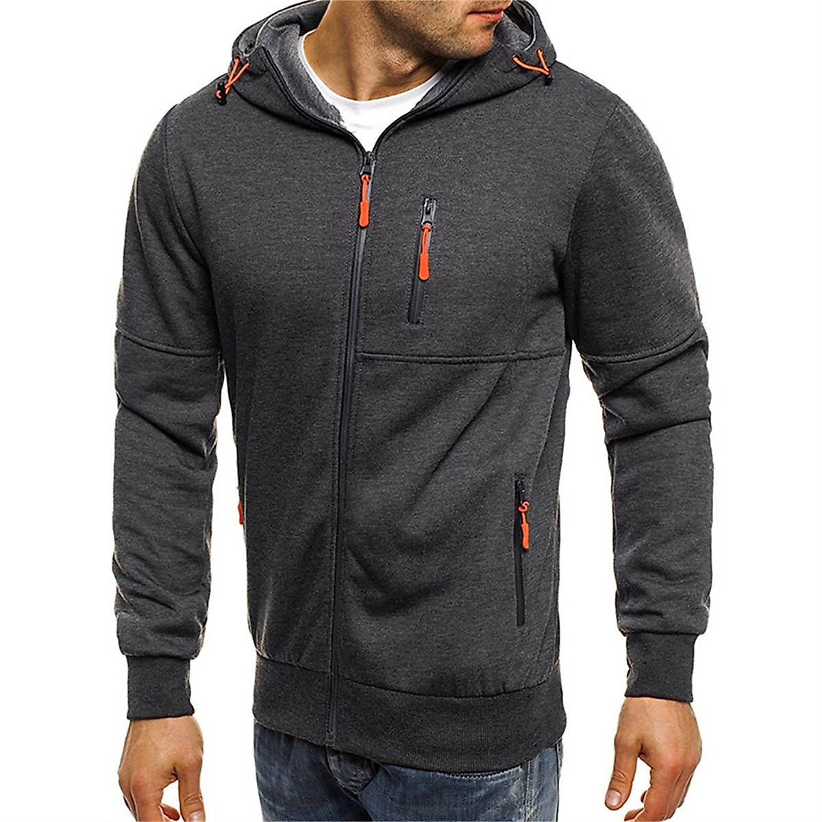 Maiyifu-GJ Fleece Hoodies for Men Long Sleeve Full Zip Up Sports Sweatshirt Lightweight Slim Fit Hoodie with Zip Pockets (Grey,Large)