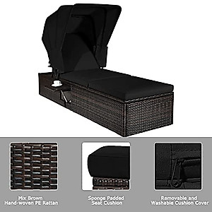 HAPPYGRILL Patio Lounge with Retractable Canopy Outdoor Reclining Chair with Adjustable Backrest Rattan Wicker Lounge Daybed with Coffee Table Sun Lounger for Beach Poolside Backyard Balcony Porch