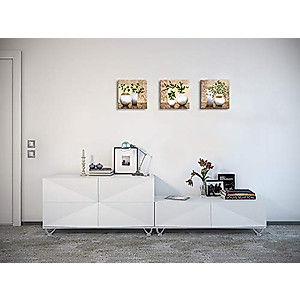 3 Piece Wall Art for Bathroom/Hallway, SZ HD Elegant Canvas Painting Prints of Green Spring Plants in Vases on Beige/Tan Picture (Waterproof Decor, 1" Thick, Bracket Mounted Ready to Hang)
