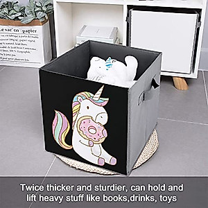 Unicorn Eating Delicious Donuts Foldable Storage Bins Printd Fabric Cube Baskets Boxes with Handles for Clothes Toys, 11x11x11
