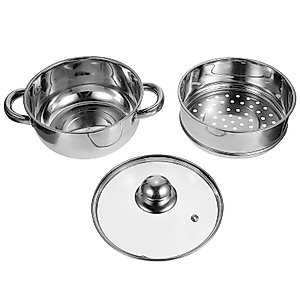 Cabilock Steaming Pot 2- Tier Heavy Duty Stainless Steel Steamer Pot with Handles Glass Lid Multipurpose Stock Pot Sauce Pot Soup Pot Steam Pot Set for All Cooking Surfaces Big Steamer Pots