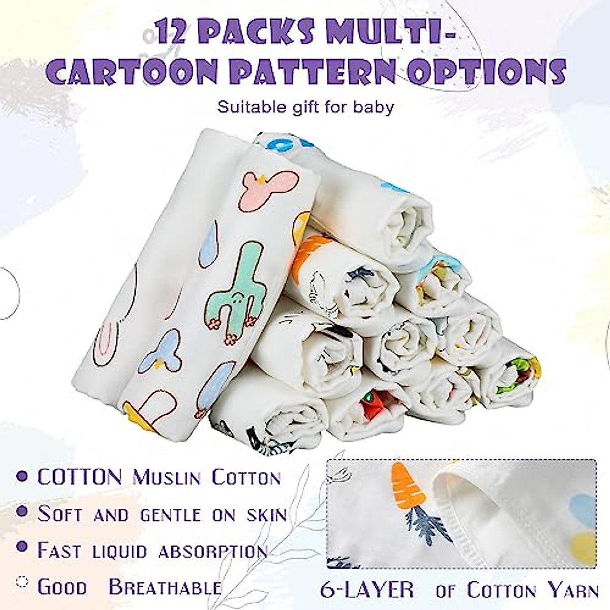 Peryiter 12 Pcs Muslin Burp Cloths 20'' x 10'' 6 Layers Cotton Burping Clothes Animal Fruit Theme Soft Burp Rags Burpy Cloth Bib Hand Muslin Washcloths Absorbent Newborn Face Towels for Baby Boy Girl