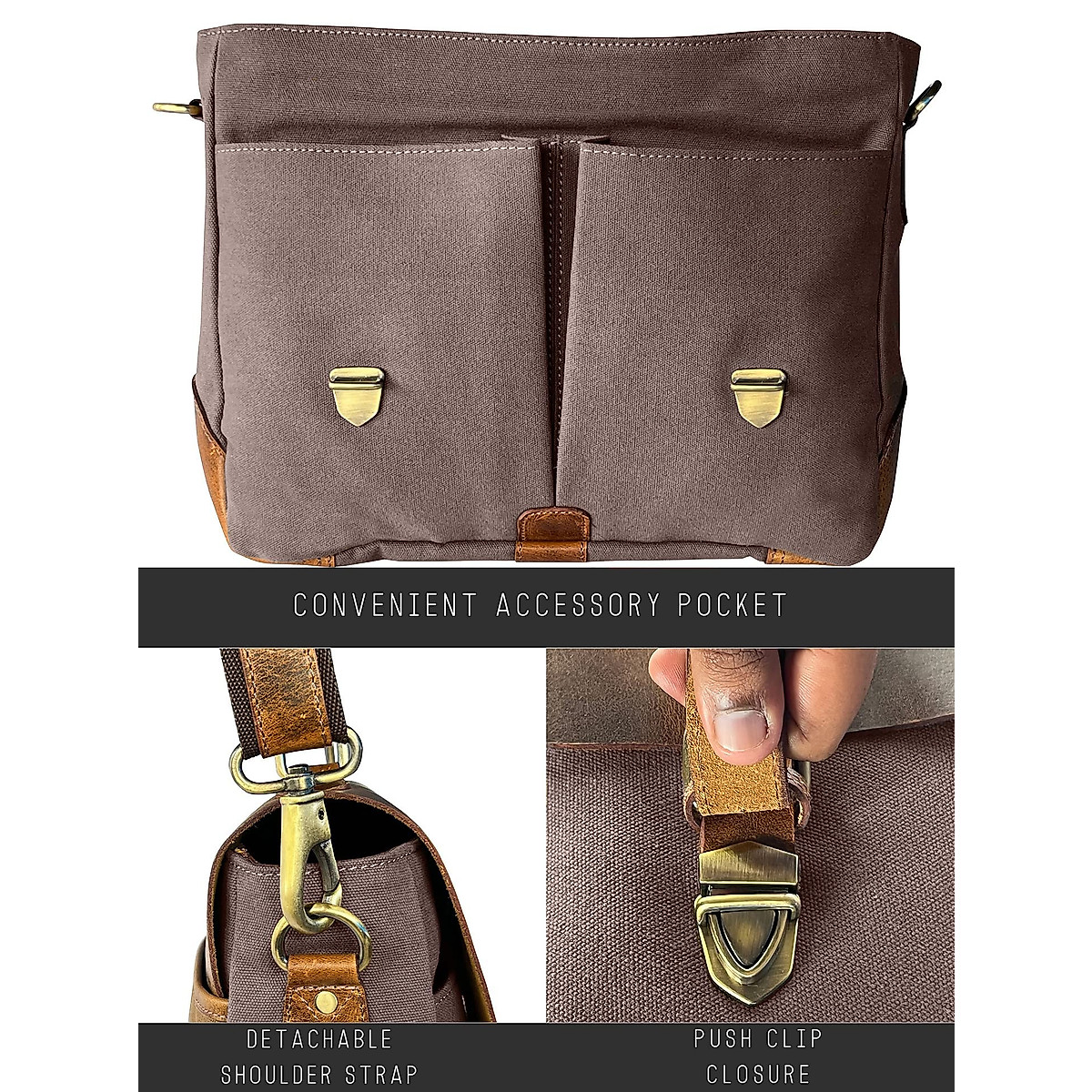 RUSTIC TOWN Leather Canvas Messenger Bag for Men Women - Vintage Laptop Satchel Leather Briefcase (15 Inch, Dark Grey)