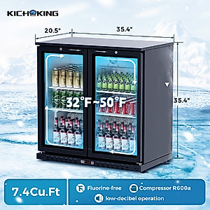 KICHKING 7.4 Cu.Ft Back Bar Cooler 35.4" W Beverage Refrigerator, 2 Low-E Glass Doors, Counter Height Bar Fridge, Commercial Display Refrigerator Anti-Fog, LED Light Beer, Wine, Soda, Soft Drinks