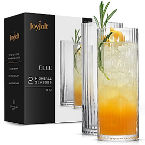 JoyJolt 16oz Fluted Highball Glasses - 2 Ribbed Tall Cocktail Tumblers for Gin, Juice, Water