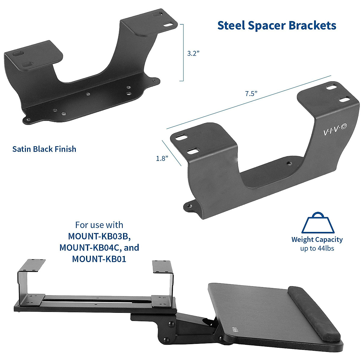 VIVO Steel Dual Spacer Brackets for Under Desk Keyboard and Mouse Slider Tray, Height Track Spacer Mount Fitting Desk Frames up to 3.2 inches, Brackets Only, MOUNT-SPACER01