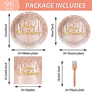 96 Pieces Happy Birthday Tableware Set for Pink Rose Gold Birthday Table Decorations Supplies Rose Gold Birthday Dessert Plates Napkins Forks for Women 24 Guests Birthday Disposable Party Favors