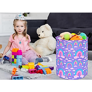 ACMUUNI 19.7 Inch Purple Rainbow Round Kids Round Laundry Clothes Hamper Dino Laundry Basket with Handles,Baby Toys Storage Organizer Bins Laundry Gift Basket for Boys and Girls Room, Bedroom Decor