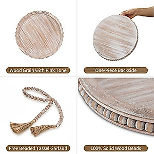 Hanobe Round Wooden Bead Tray: Coffee Table Tray with Wood Beaded Garland Decor Set Pinkish Whitewashed Decorative Tray for Counter Farmhouse Centerpiece Rustic Distressed Candle Holder