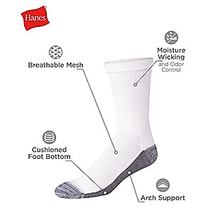 Hanes Men's, X-Temp Cushioned Crew Socks, 12-Pack, White-12 Pack, 6-12