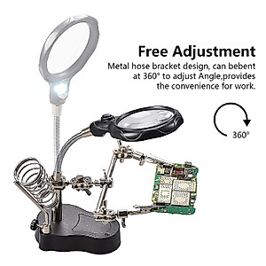mlogiroa Helping Hands Soldering Station, 3.5X 12X Magnifying Glass LED Lighted Magnifier with Auxiliary Clips Alligator Clamp Repair Tools Kit for Soldering, Assembly, Miniatures