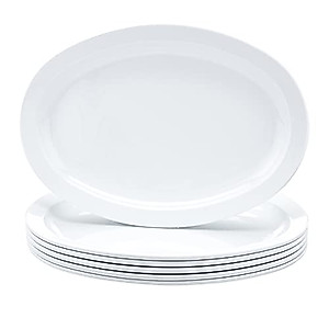 AmazonCommercial 13 in. x 9.75 in. White Melamine Oval Platter Narrow Rim - 6 Piece Set