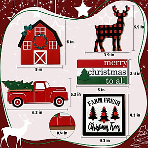 Guoofu Christmas Tiered Tray Decor, Farmhouse Tray Decorations Indoor, Merry Christmas Deer Truck Winter Wooden Signs, Rustic Christmas Decor for Kitchen Home Table Mantel Office Holiday Party
