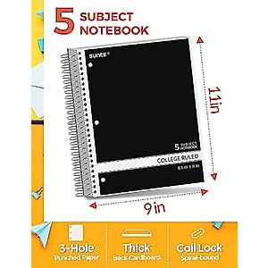 SUNEE Color Will Vary 5 Subject Notebook College Ruled - 200 Sheets, 8.5"x11", 4 Pocket Dividers, 3-Hole Punched Paper