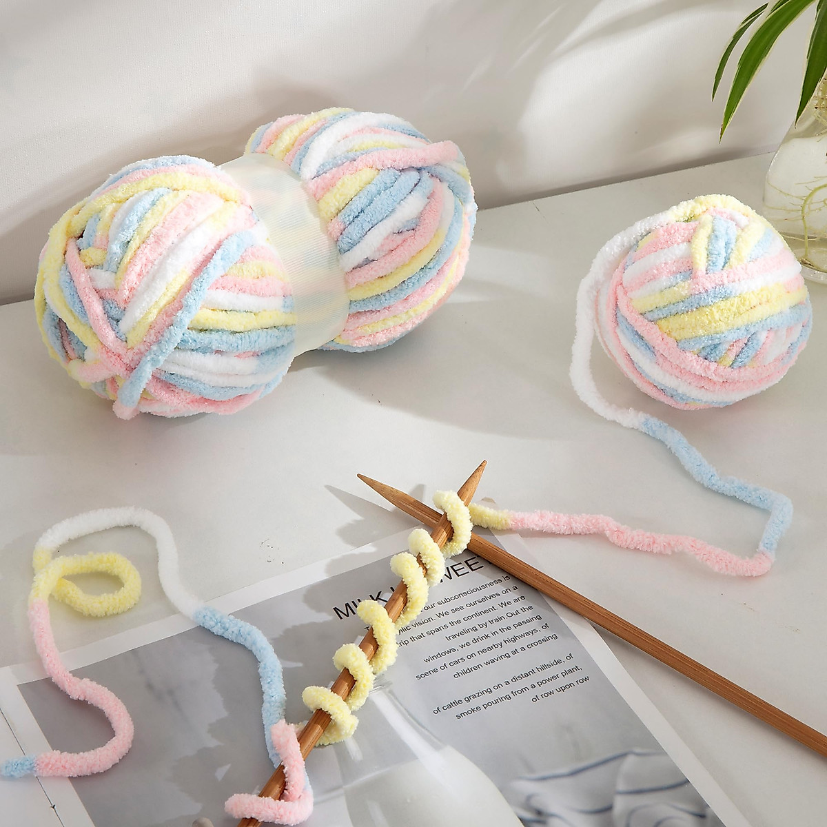 HOMBYS 6 Pack Velvet Baby Blanket Yarn for Crocheting, Super Bulky Tie Dyed Soft Chenille Rainbow Yarn for Knitting,Weaving DIY Craft,Toy Doll,Pink Multi Colored, 6 Skeins (55 yds,3.5 oz Each Skein)