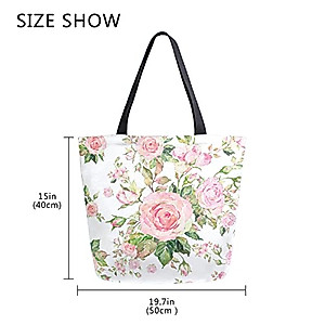 ALAZA Pink Rose Flower Large Canvas Tote Bag Floral Shopping Shoulder Handbag with Small Zippered Pocket