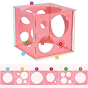 Pllieay 14 Holes Balloon Sizer Box Cube, Pink Plastic Balloon Measurement Box, Collapsible Balloon Sizer Tool with Instructions for Balloon Decoration, Balloon Arch, Balloon Columns, 1-10 Inch