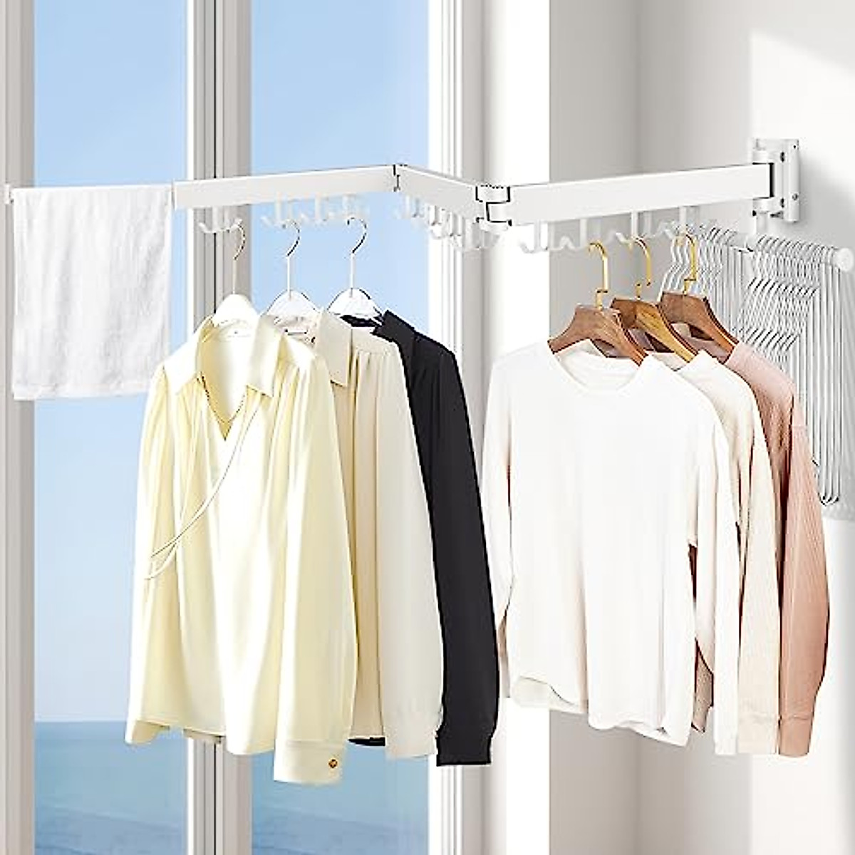 Smitenoon Clothes Drying Rack Wall Mounted Clothes Rack Collapsible Retractable Drying Hanging Racks Space Saver Balcony, Bedroom, Laundry Drying Rack, Bathroom Clothesline - Tri-Fold - White