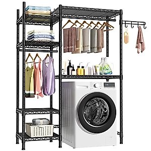 Ulif U7 Over The Washer and Dryer Storage, Laundry Room Heavy-Duty Space Saver with 6 Shelves and 2 Hanger Rods, Laundry Clothes Drying Rack and Toiletries Organizer, 47.2”W x 13.4”D x 77.4”H, Black