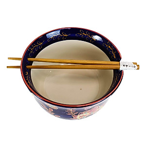 Ebros Midnight Purple Mandala Purple Floral Blossoms Ramen Udon Noodles Large 6.25"D Soup Bowl With Bamboo Chopsticks And Built In Rest Set for Asian Dining Rice Meal Bowls Decor Kitchen