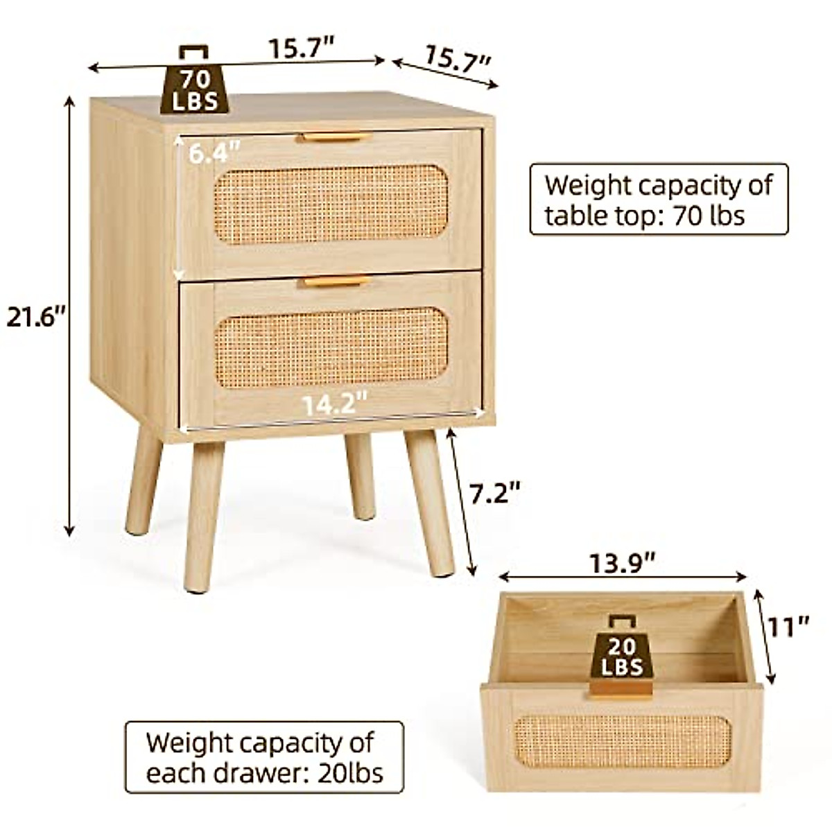 LAZZO Set of 2 Nightstands Wooden Night Stands with Rattan Drawers Home Bedside End Table for Bedroom (2 Drawers Design)