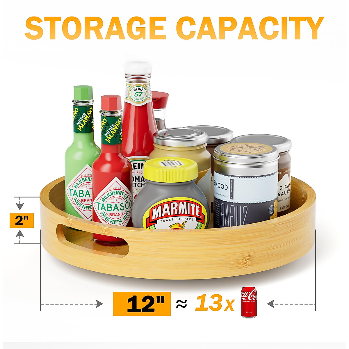 Homerays 12 Inch Lazy Susan Organizer, Kitchen Rotating Spice Rack, Bamboo Lazy Susan with Double Handles for Kitchen Cabinet (Bamboo, Medium)