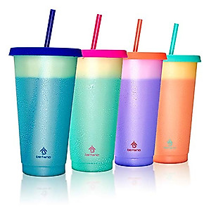 Befano Color Changing Cups, 24oz Reusable Plastic Cups with Lids and Straws for Adults and Kids, Bulk Tumblers for Iced Coffee Tea and Smoothie, To go Summer Cups for Party and Travel -4 Pack