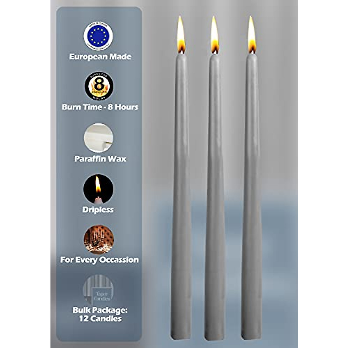 12 Pack Tall Taper Candles - 10 Inch Dark Grey Dripless, Unscented Dinner Candle - Paraffin Wax with Cotton Wicks - 8 Hour Burn Time