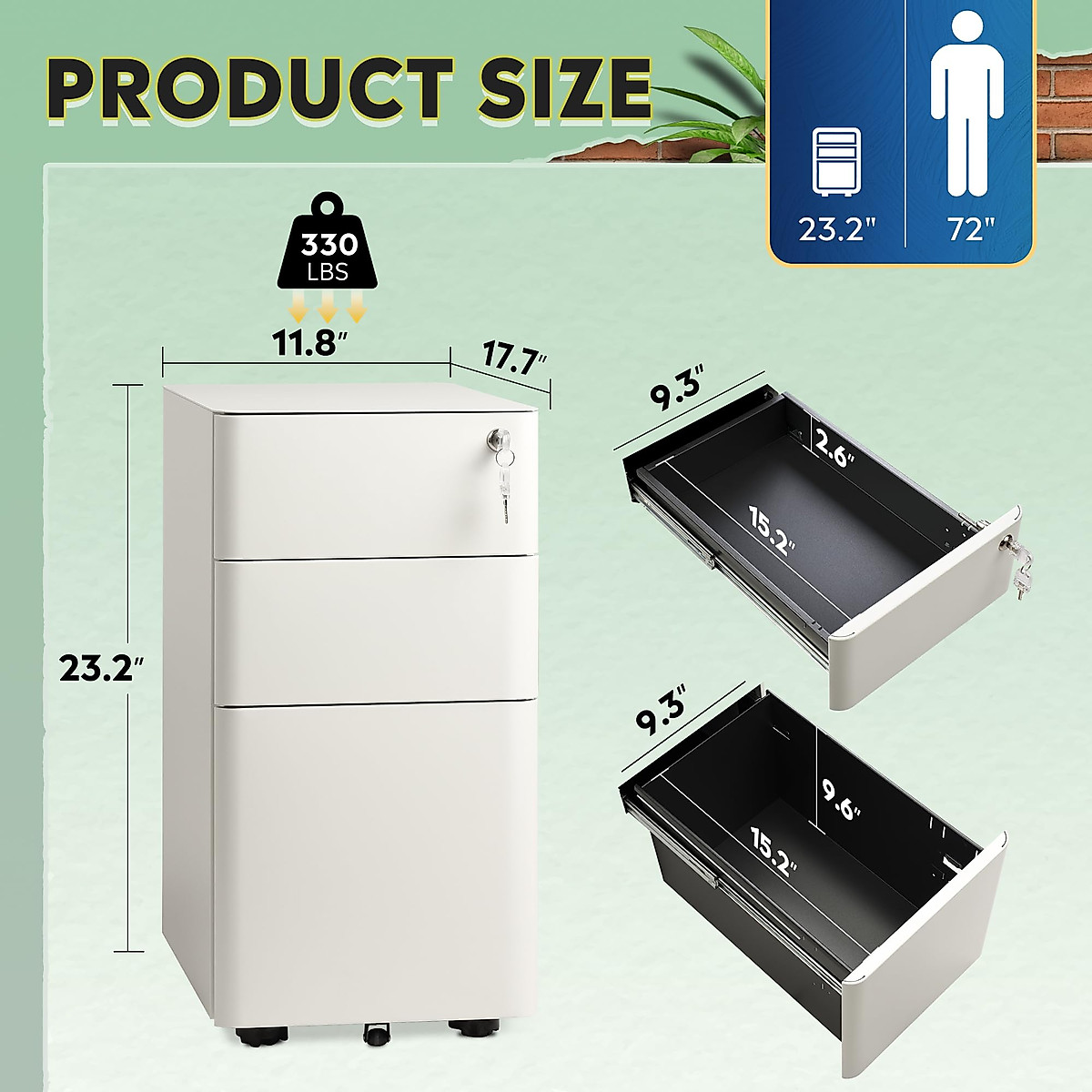 DEVAISE 3-Drawer Slim Vertical File Cabinet, Fully Assembled Except Casters, Legal/Letter Size, White