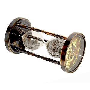Hassanhandicrafts Antique Brass & Glass Black Sand Timer Hourglass Nautical Maritime SandTimer Compass on Both Side CompassCollectible, Shelf Desk Decor