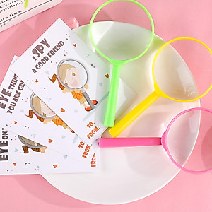 FiGoal 30 Pack Valentines Cards with 30 Colorful Magnifying Glasses in 3 Colors Plus Goodie Bag for Greeting Cards School Classroom Prizes Valentines Party Favors