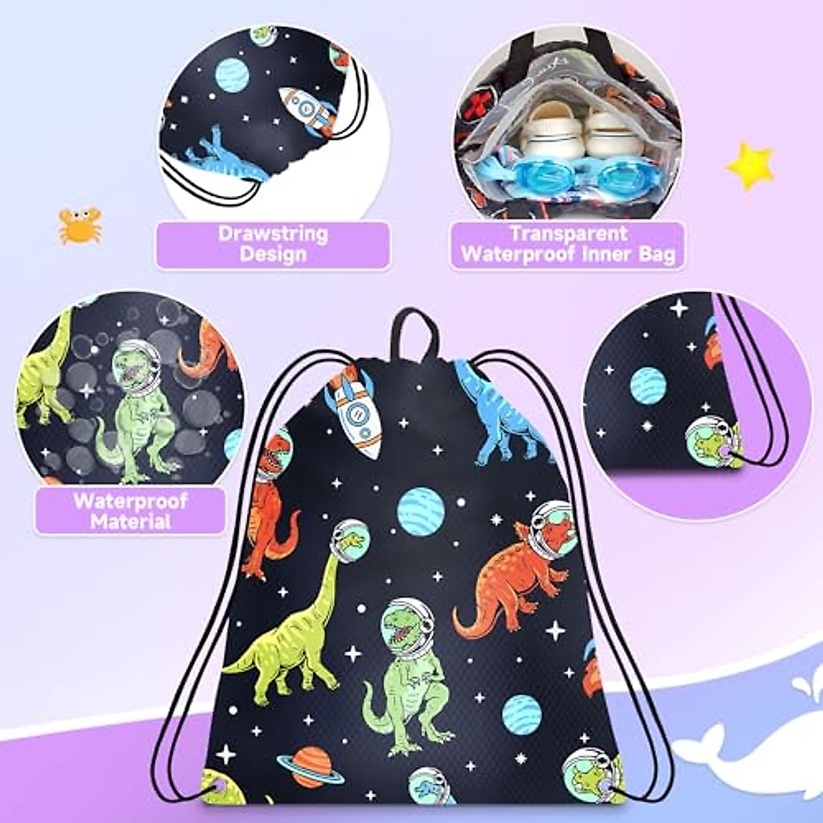 RLGPBON Dinosaur Drawstring Backpack for Kids Girls and Boy,Boys Drawstring Bag,Sports Gym Bag for Boys, Kids Waterproof Swimming Bag Beach Sackpack