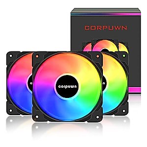 corpuwn 3 Pack 140mm ARGB Case Fans Nine-Blade High Airflow PWM Computer Cooling Fan Sealed Bearing 3-Pin Customizable LED Fans with Hub＆Rubber dampening