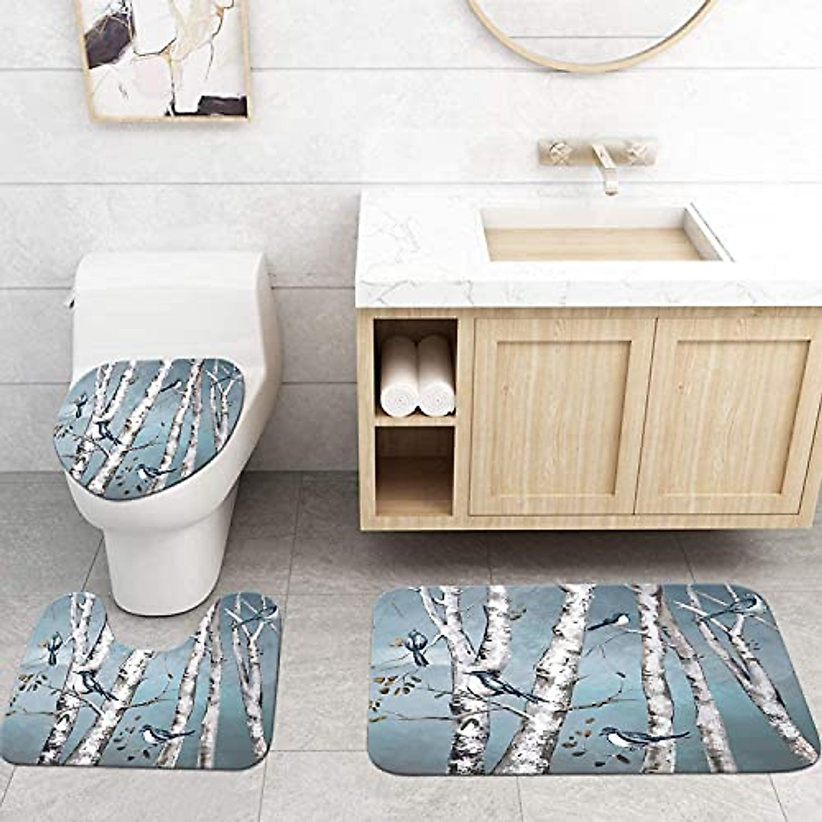 DuoBaorom 4 Pieces Set Birch Tree Shower Curtain Set Abstract Blue White Forest Birds Picture on Non-Slip Rugs Toilet Lid Cover Bath Mat and Bathroom Curtain with 12 Hooks 72x72inch